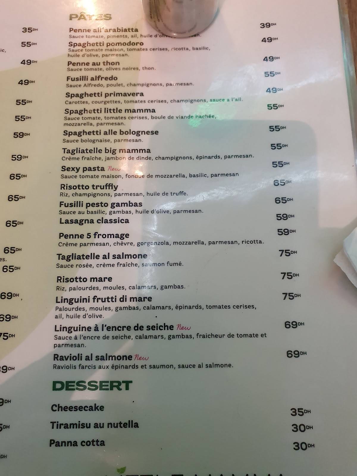 Menu at Little Mamma Marrakech restaurant, Marrakesh