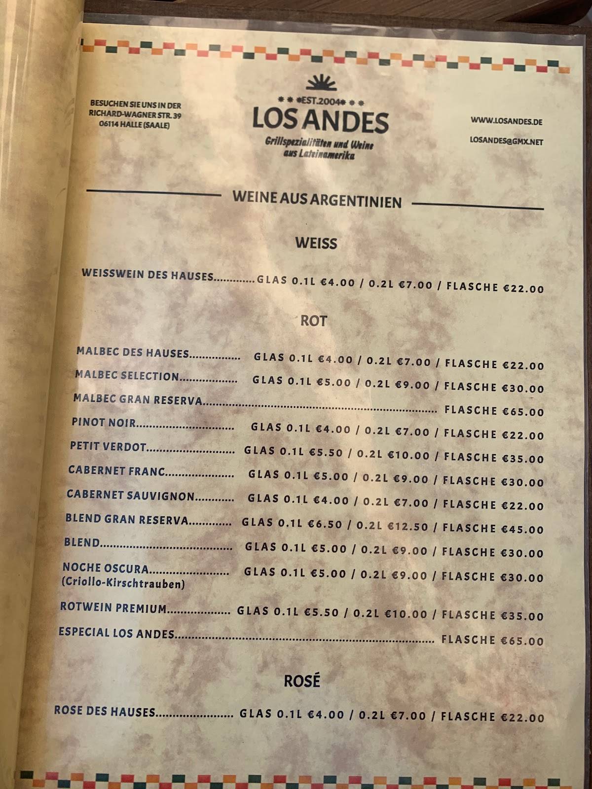 Carta de Restaurant Los Andes - Lateinamerikanische Grillspezialitäten ...