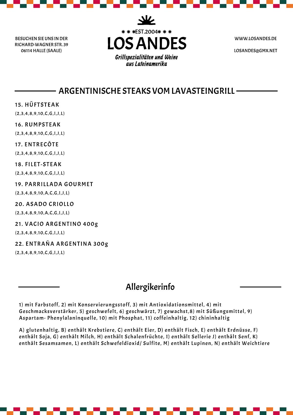 Carta de Restaurant Los Andes - Lateinamerikanische Grillspezialitäten ...