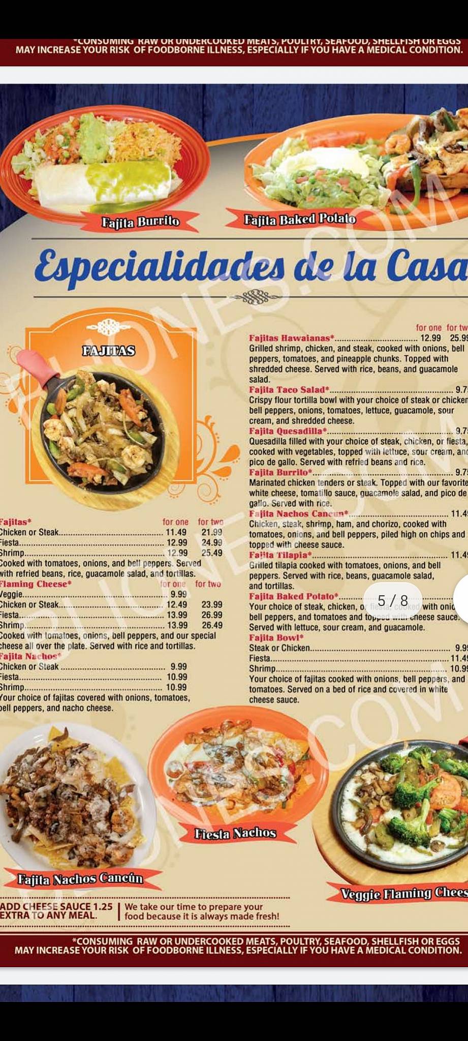 Menu at Los Arcos restaurant, Boaz