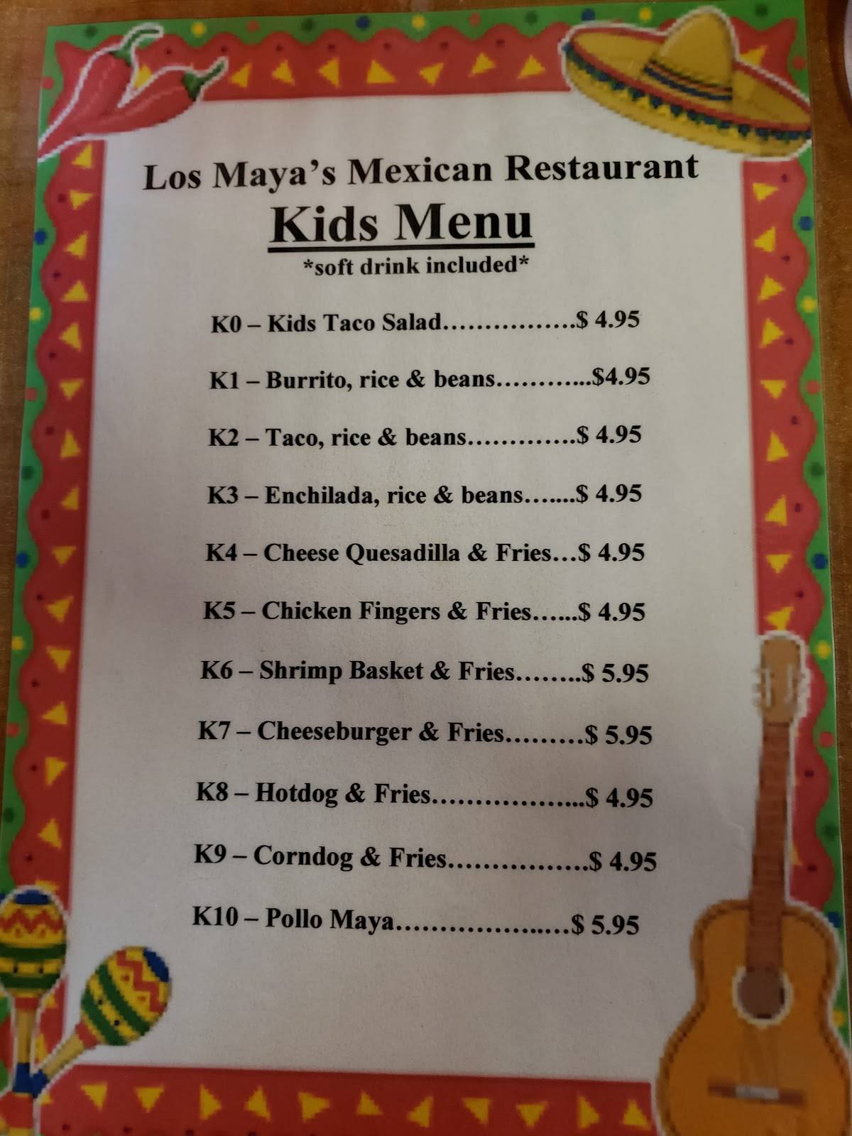 Menu at Los Maya’s restaurant, Wetumpka, US-231
