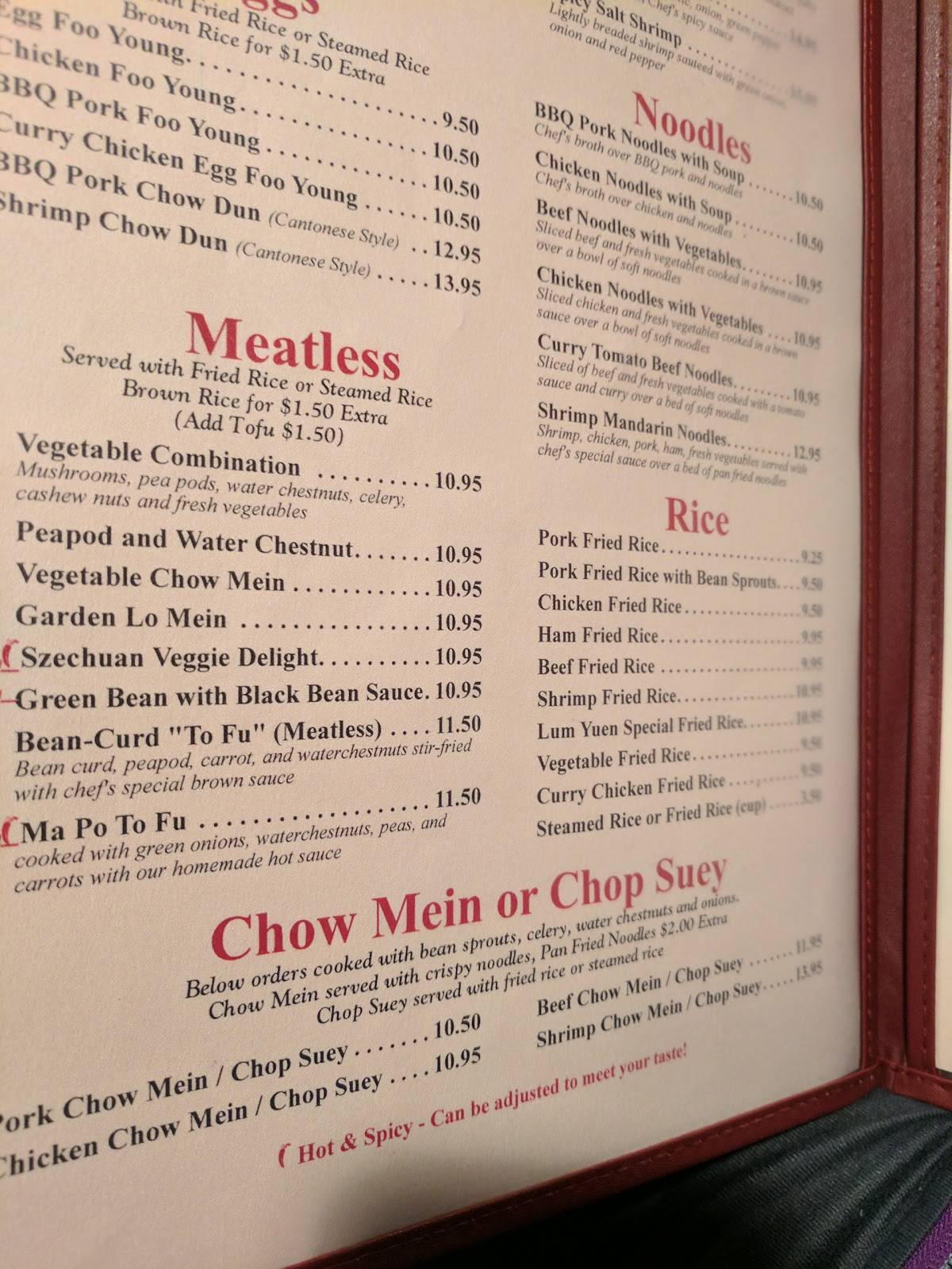 Menu at Lum-Yuen Restaurant, Salem