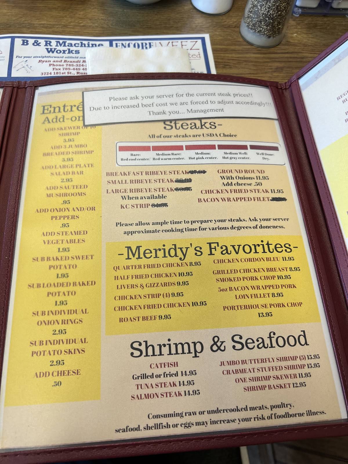 Menu at Meridy's Restaurant & Lounge, Russell