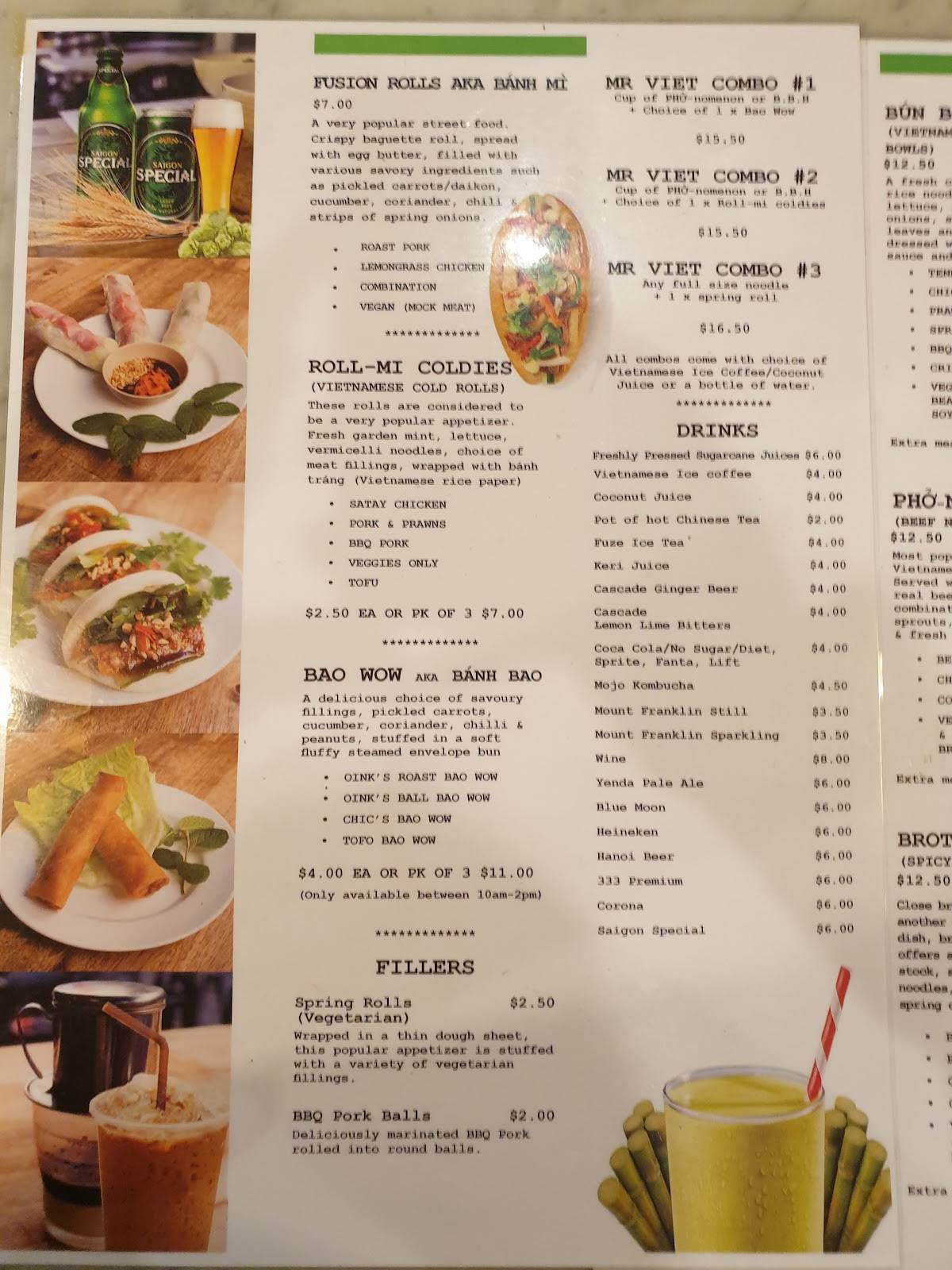Menu at Mr Viet restaurant, Adelaide, 8/20 James Pl