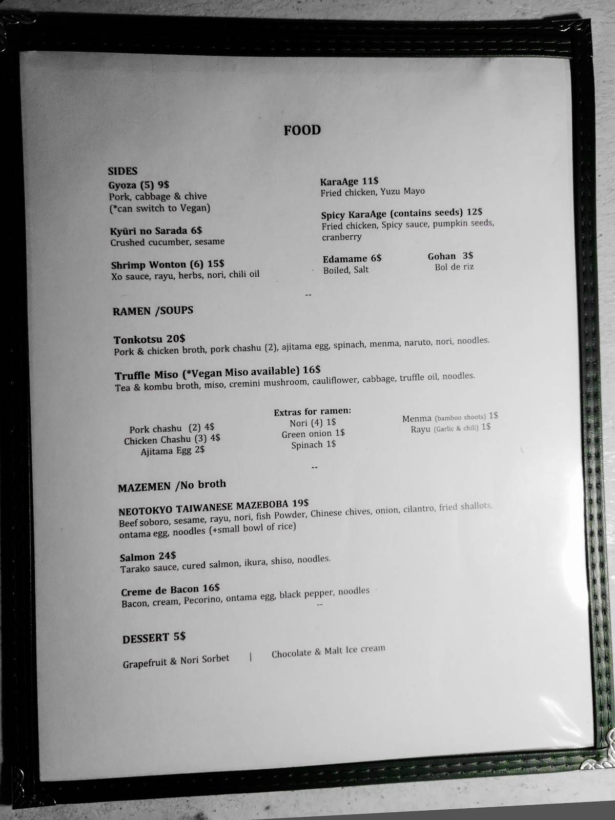 Menu au Neotokyo restaurant, Montréal