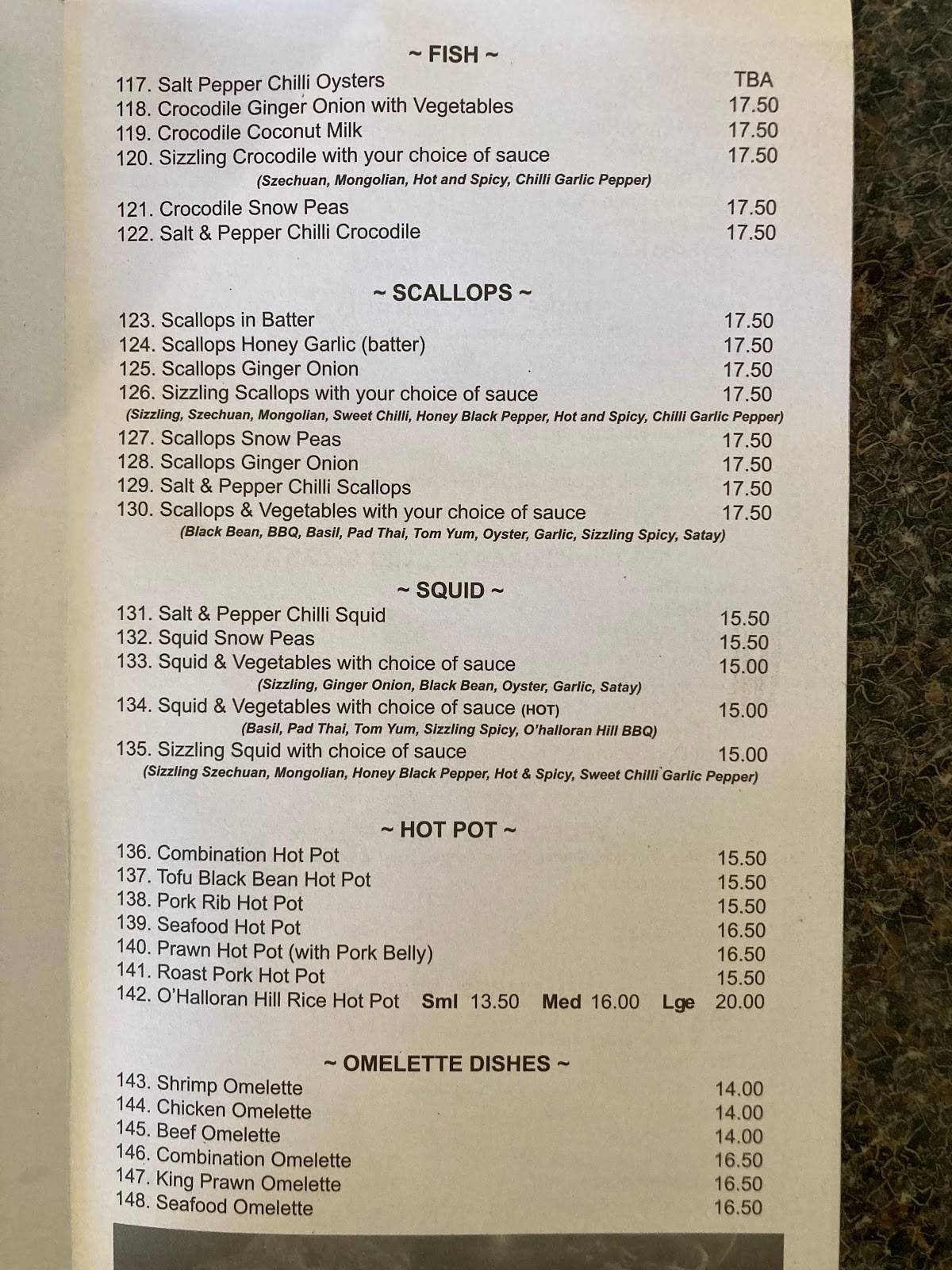 Menu at O'Halloran Hill Vietnamese Restaurant, O'Halloran Hill