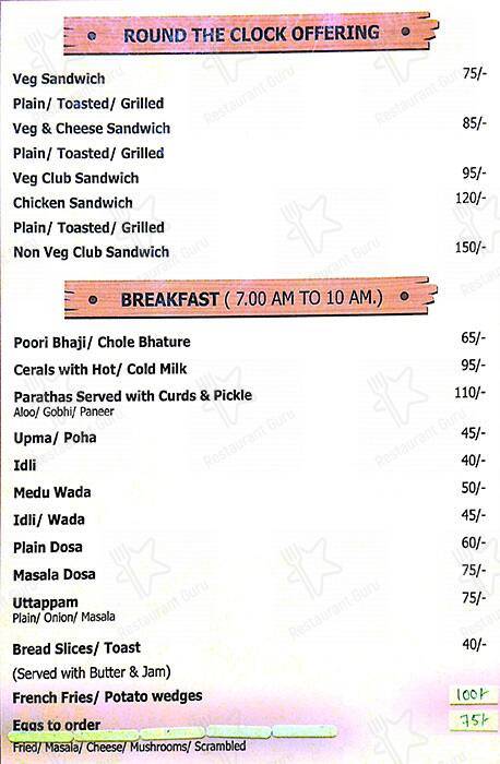 Menu at Orion Premiere, Panaji