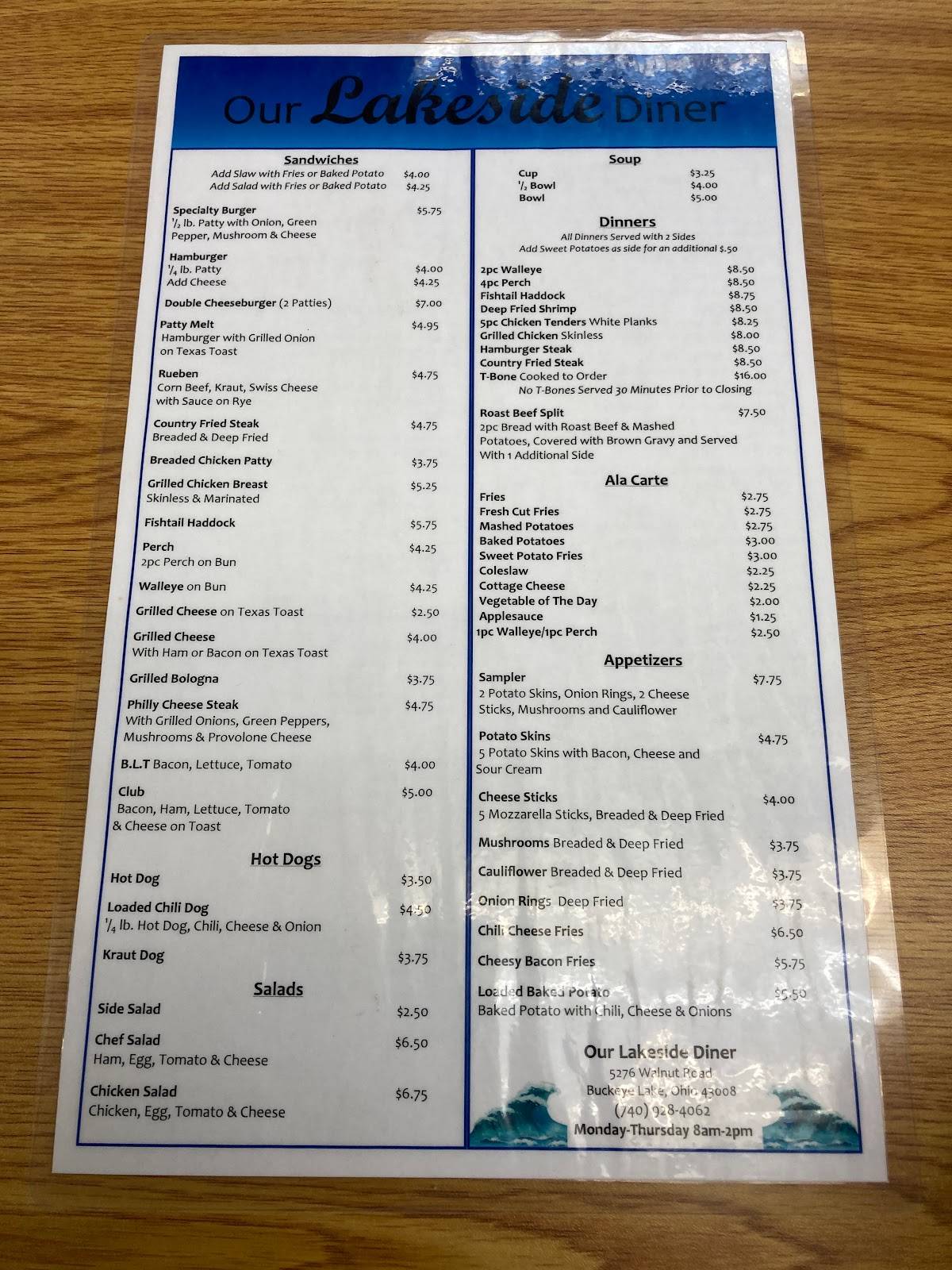 Menu at Our Lakeside Diner restaurant, Buckeye Lake, Walnut Rd
