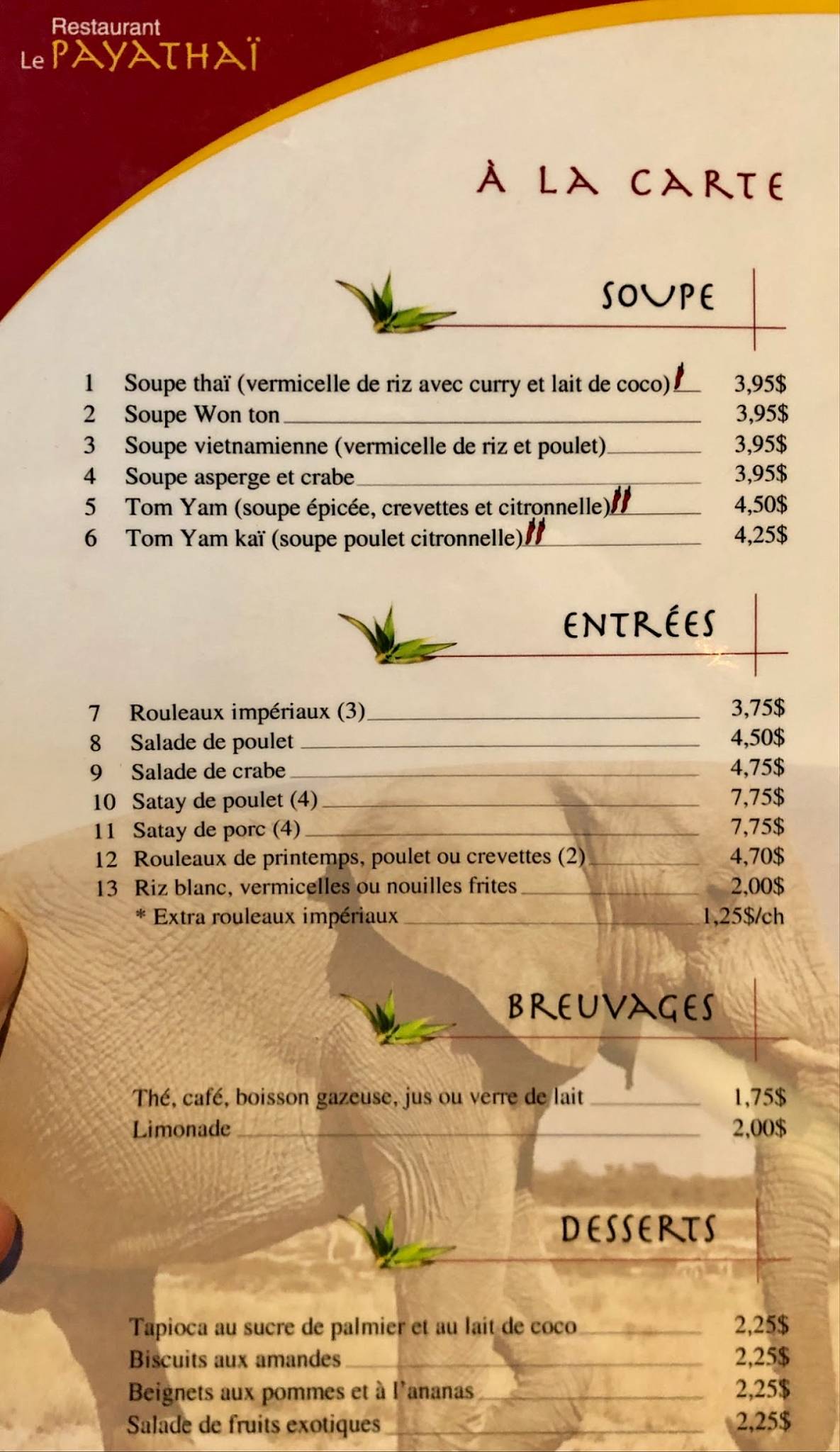 Menu au Paya Thai restaurant, Québec