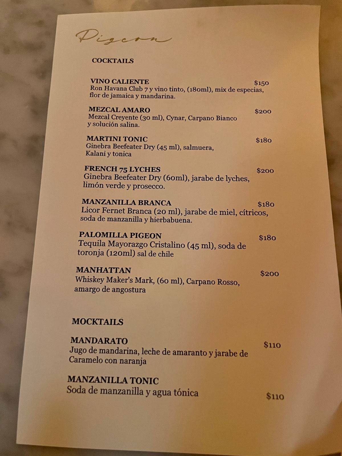 Menu at Pigeon restaurant, Mexico City