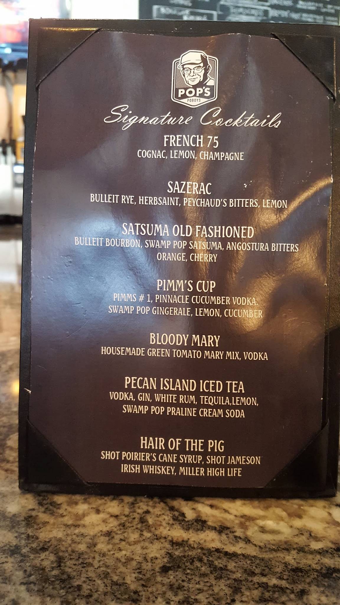 Menu at Pop's Poboys restaurant, Lafayette
