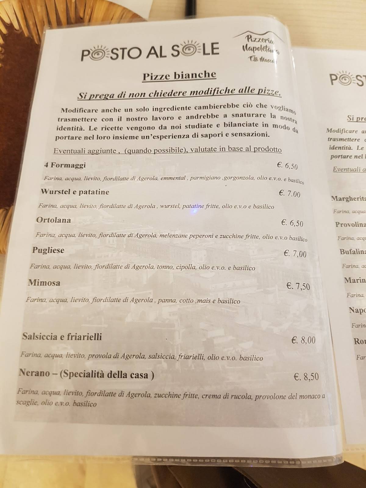 Speisekarte von Posto al Sole - Ristorante Pizzeria Napoletana, Manduria