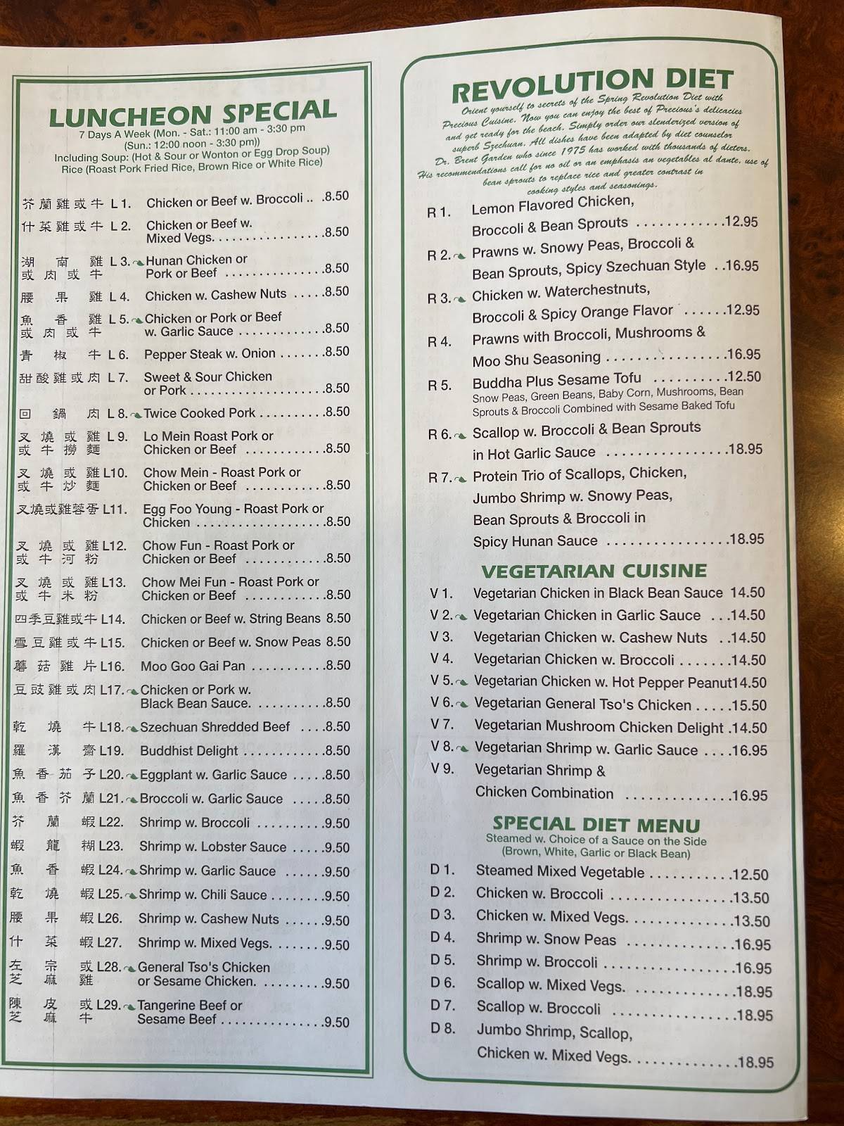 Menu at Precious Chinese Cuisine restaurant, East Northport