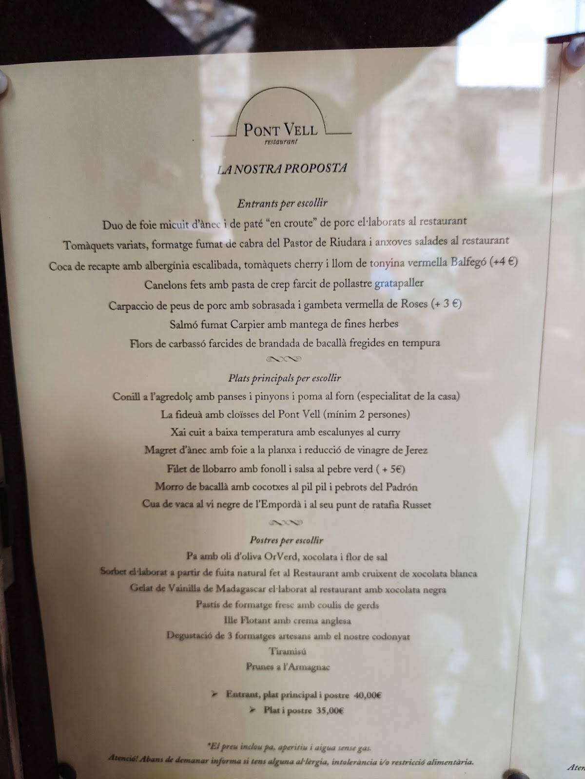 Carta de Restaurant Pont Vell, Besalú