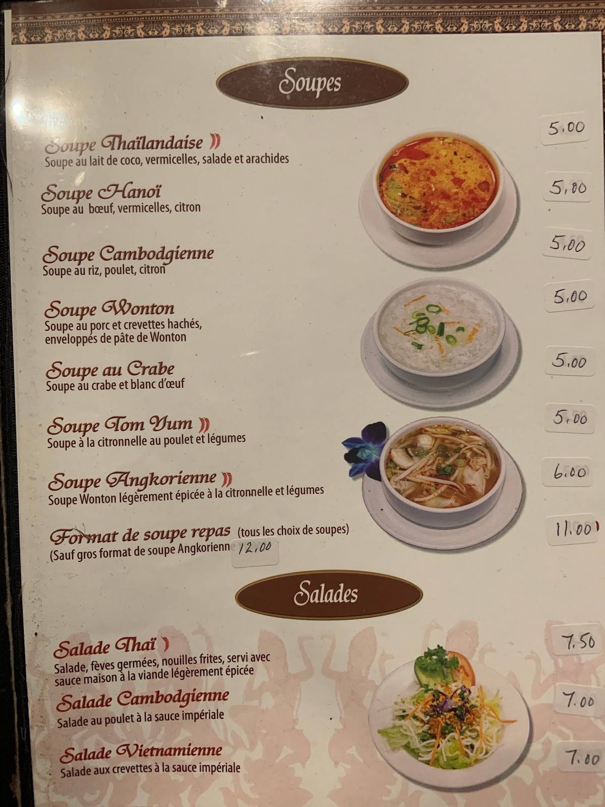 Menu au Restaurant Souvenir D'Angkor, Repentigny