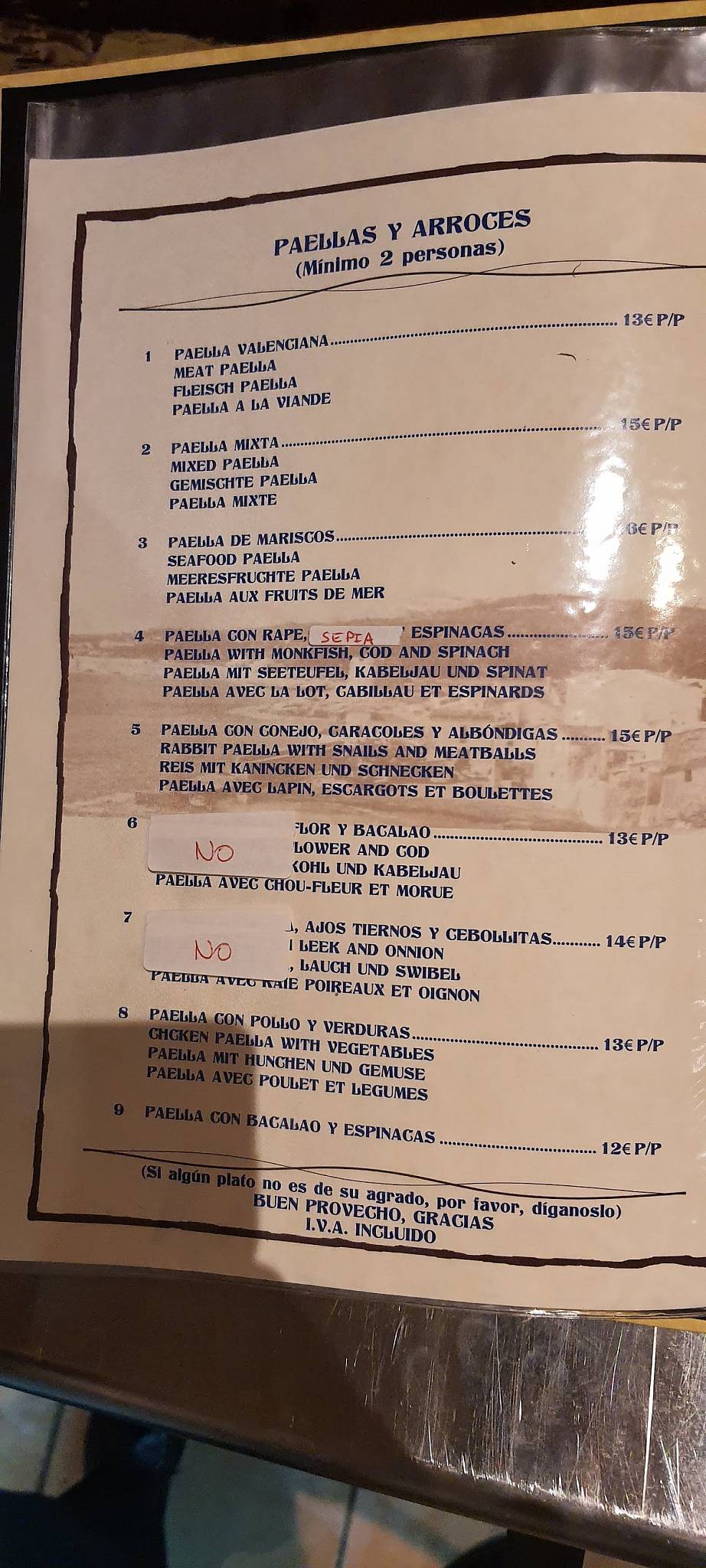 Carta de Restaurante El Racó de l'Arròs, Moraira