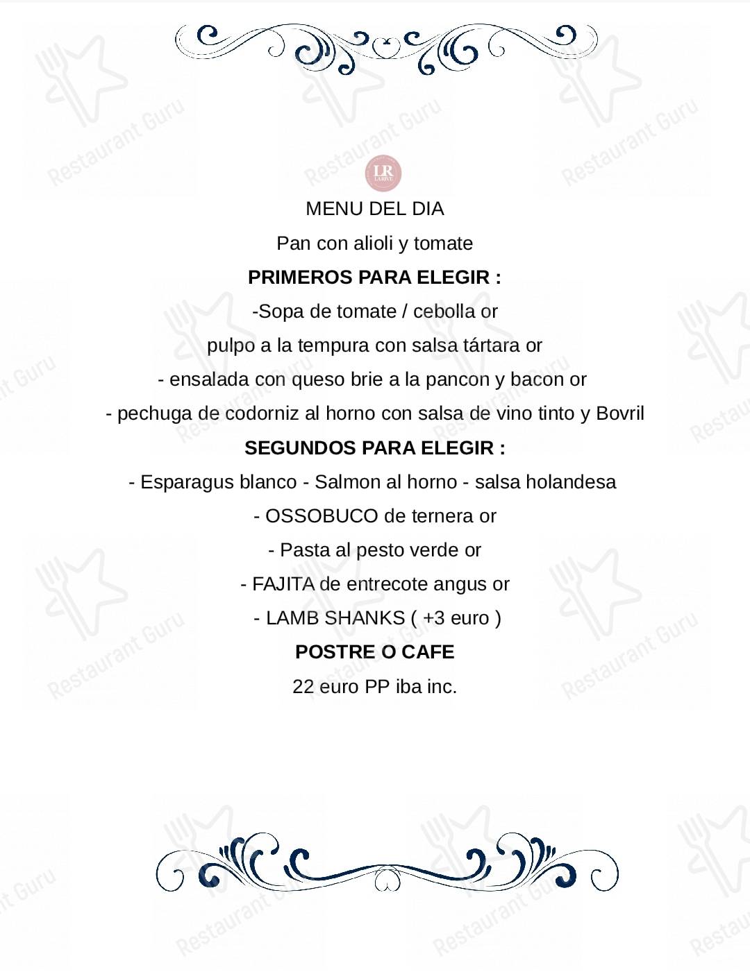 Carta de Restaurante La Rive Wining and Dining, El Albir