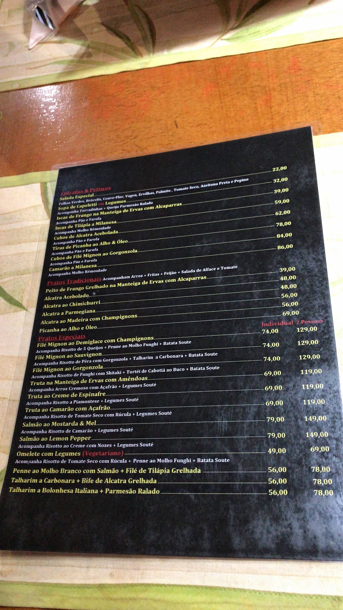 Carta de Restaurante Pimenta Rosa, Urubici