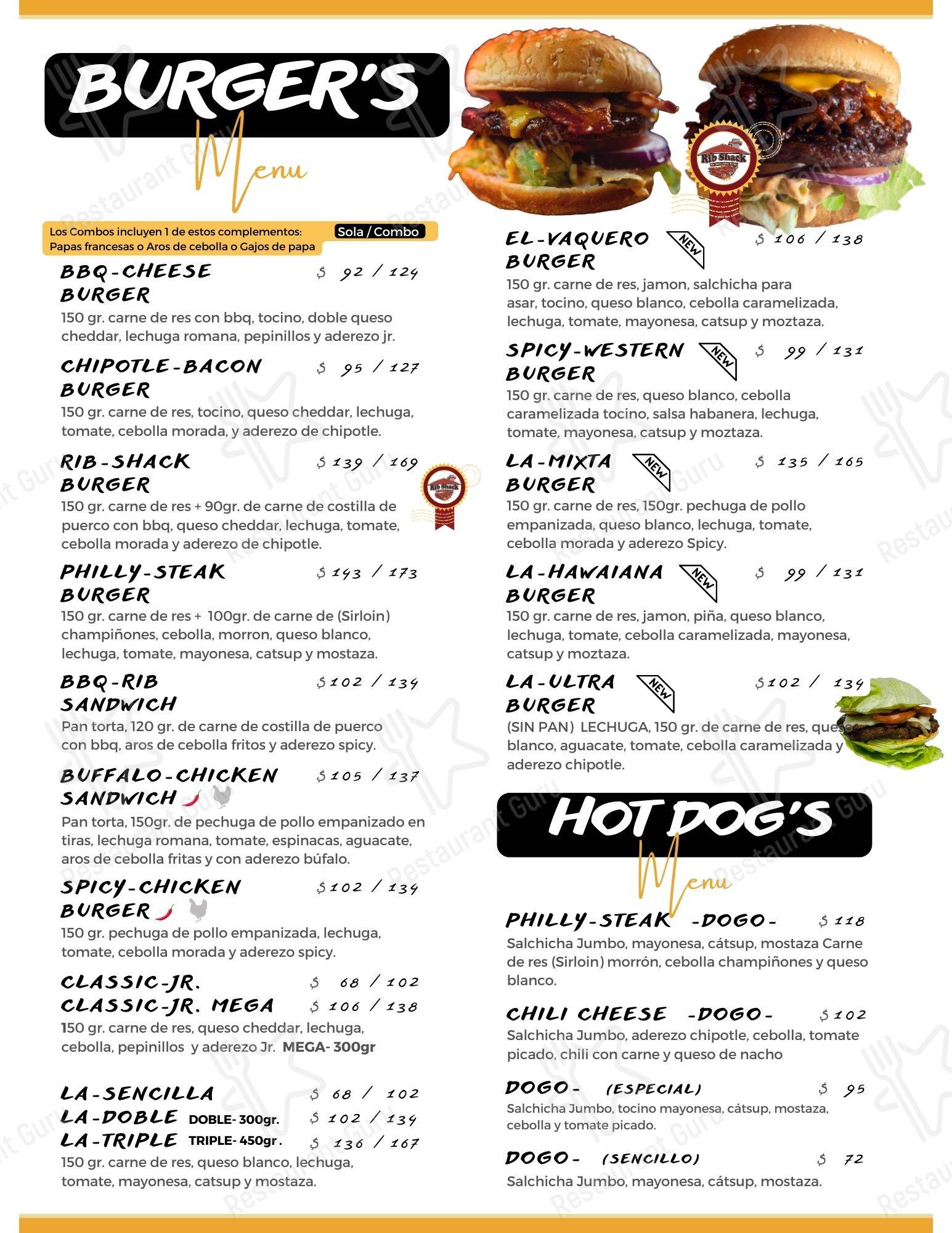 Carta del restaurante Rib Shack, Ciudad Cuauhtemoc