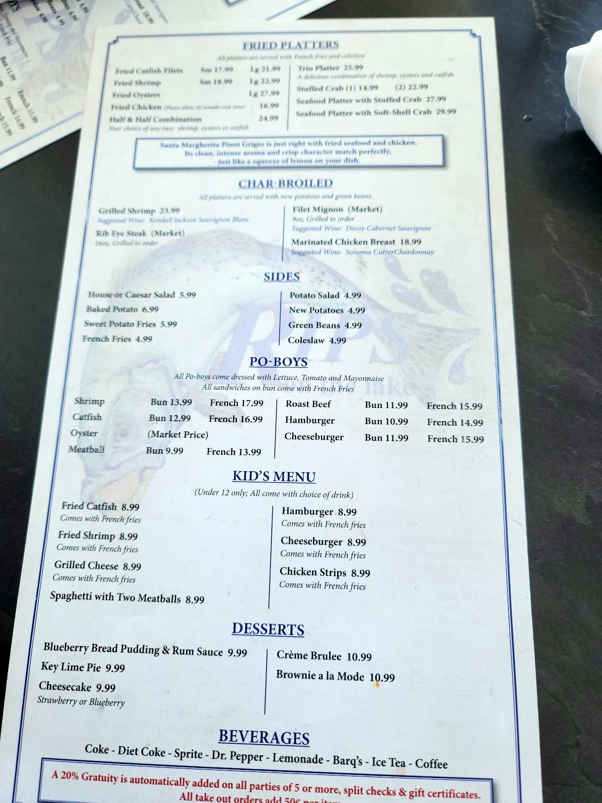 Menu at Rips On the Lake restaurant, Mandeville