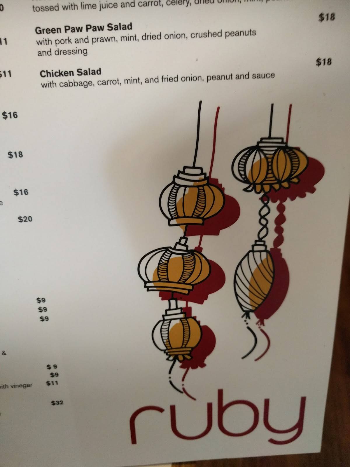 Menu at Ruby Vietnamese Restaurant, Darwin City