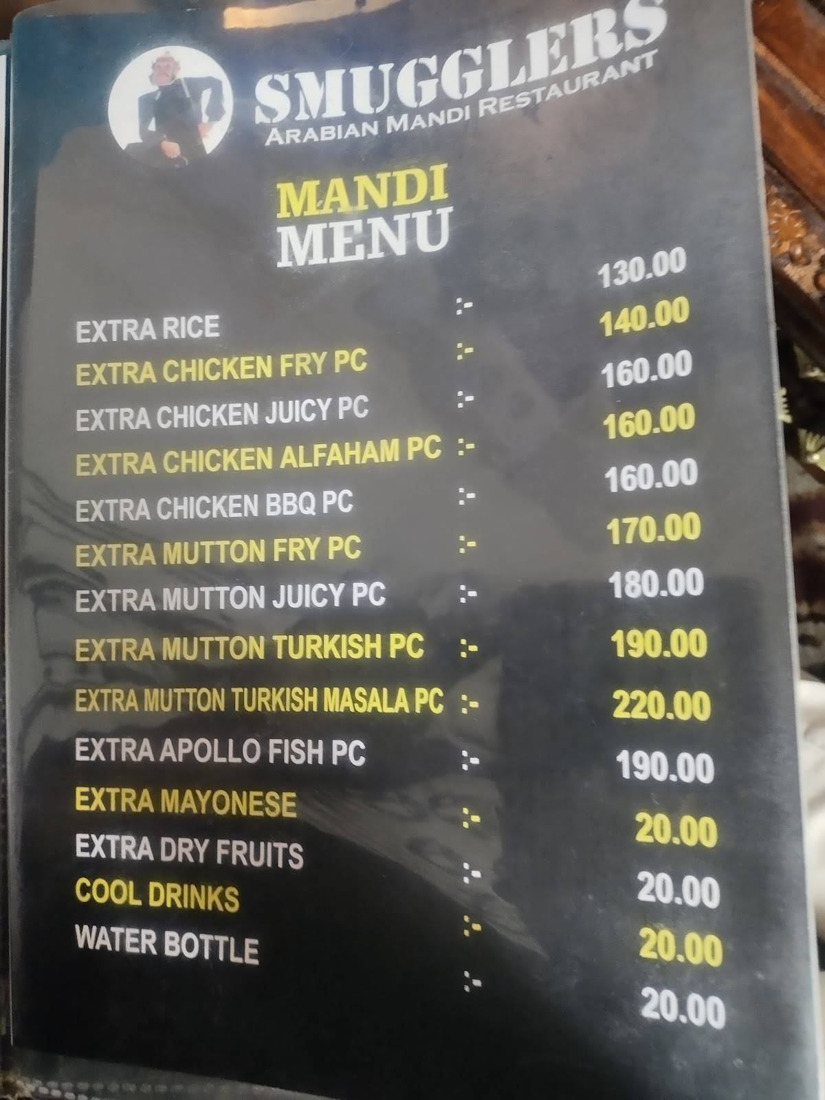Menu at SMUGGLERS ARABIAN MANDI, Hyderabad