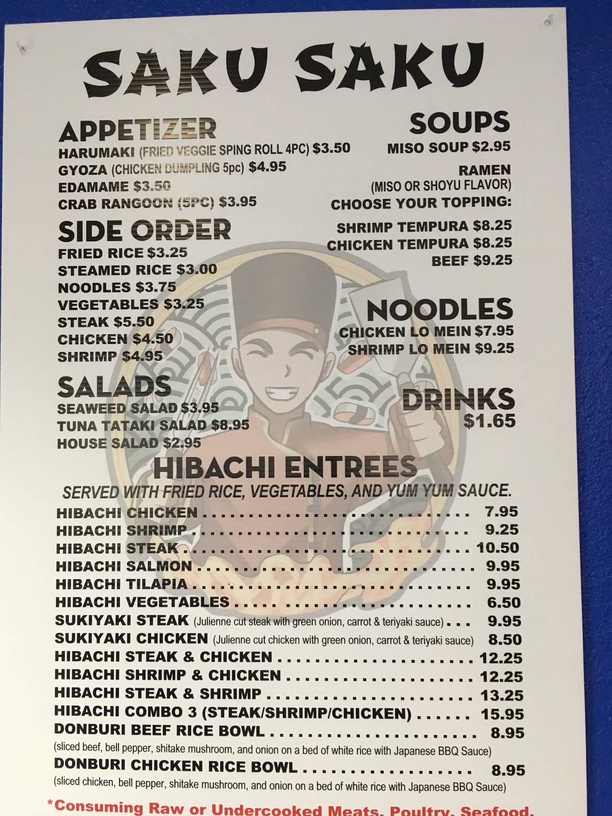 Menu at Saku Saku Hibachi Grill restaurant, Van Buren, Fayetteville Rd