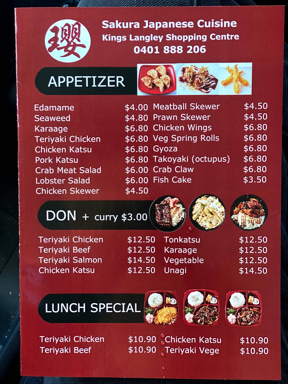 Menu at Sakura Japanese Cuisine restaurant, Kings Langley