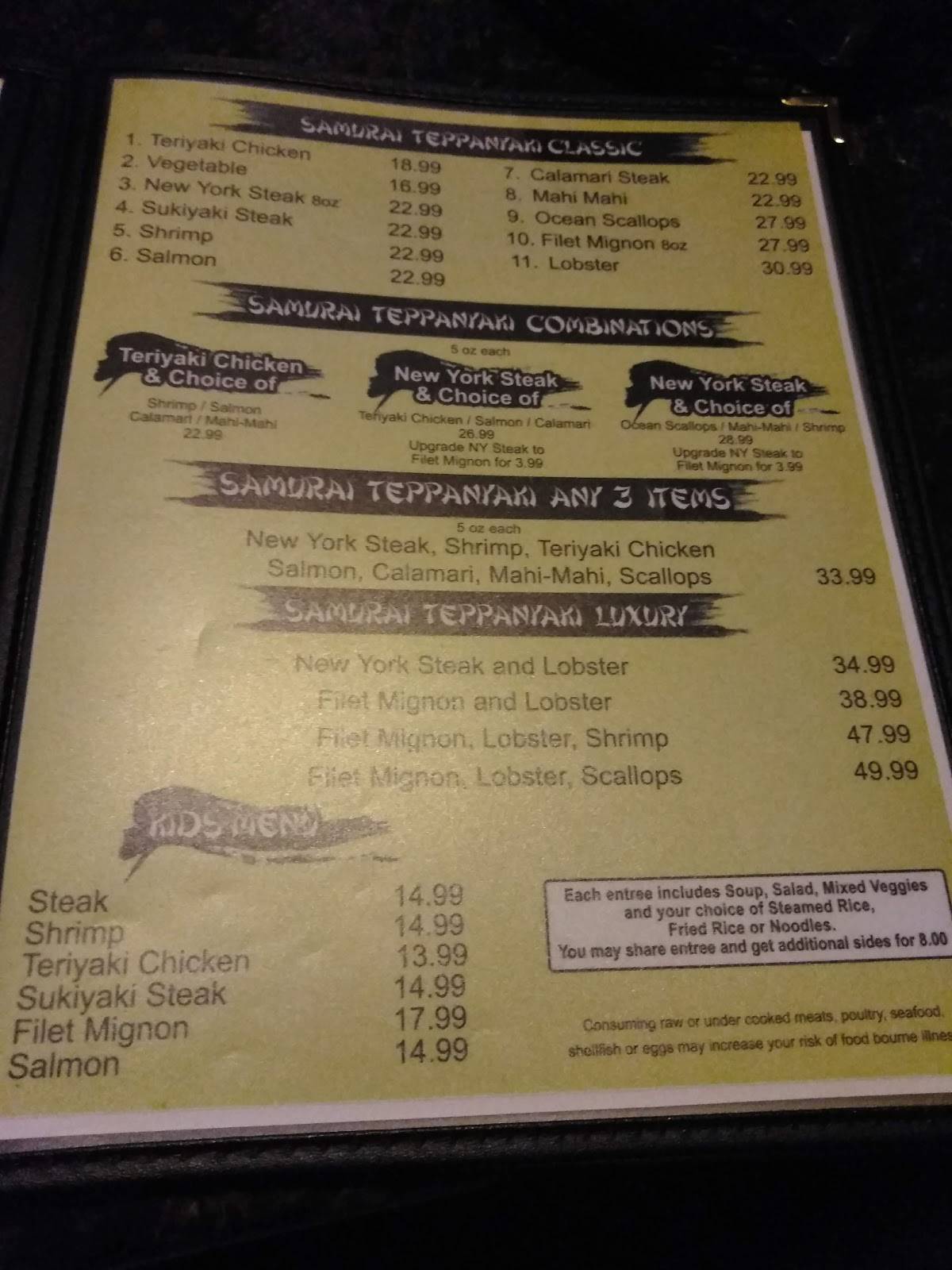Menu at Samurai Japanese Steakhouse & Sushi, Bullhead City