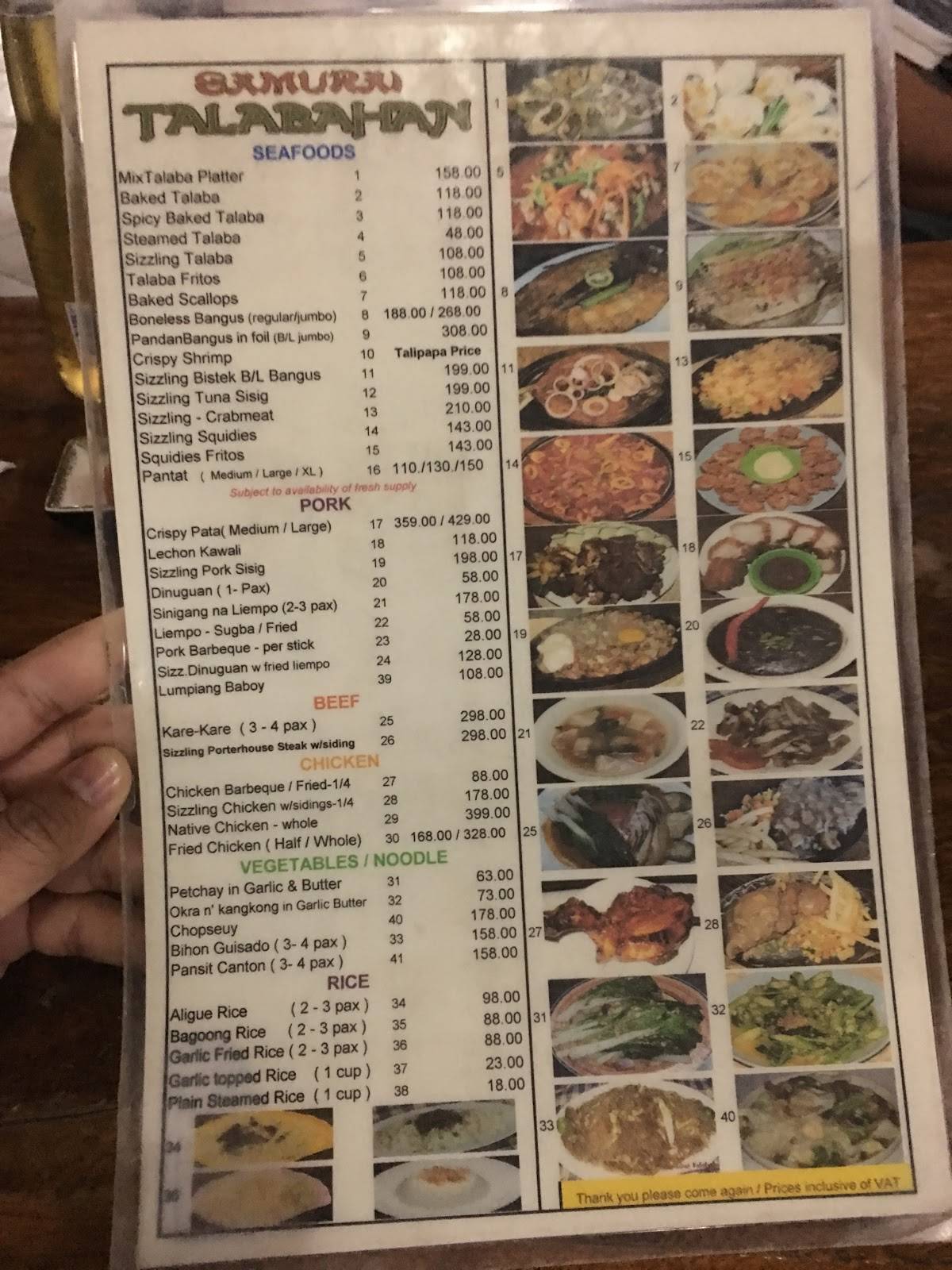 Menu at Samurai Talabahan restaurant, Iloilo City