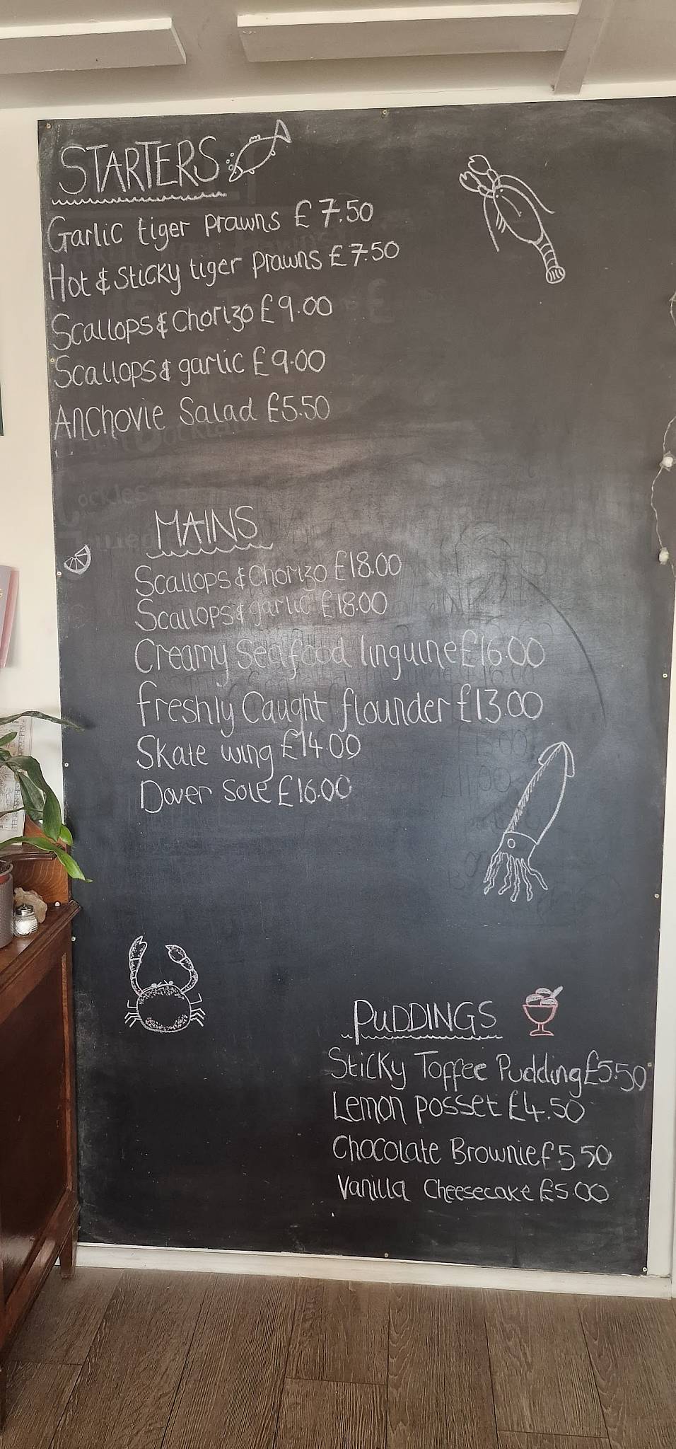 Menu at Seafood at dawn restaurant, East Mersea