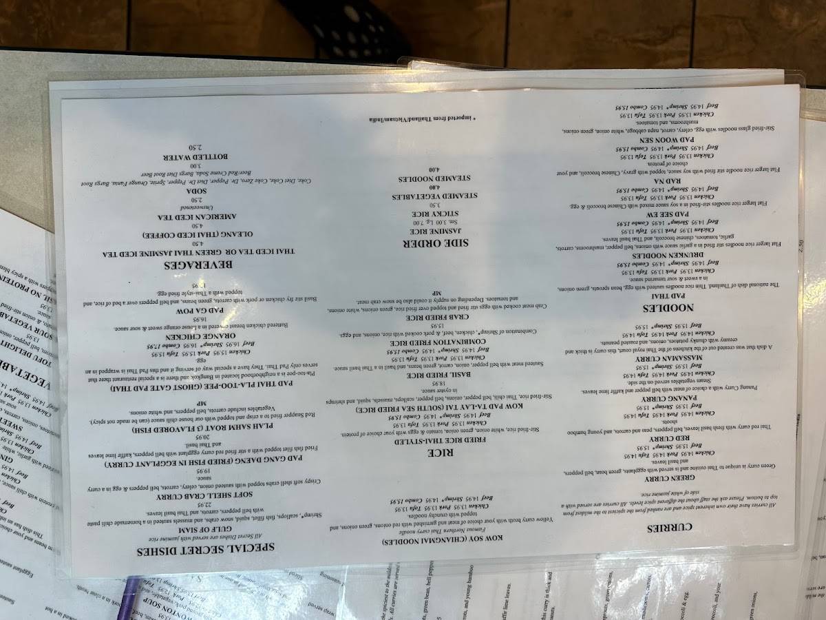 Menu at Secret Thai Restaurant, Chalmette