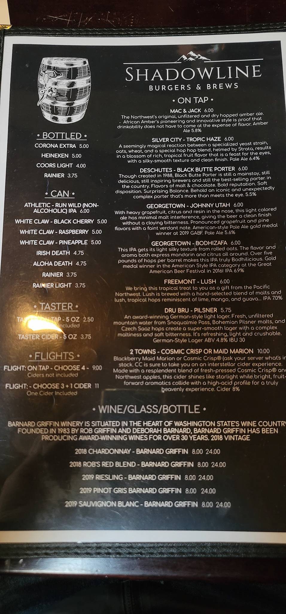 Menu at Shadowline Burgers & Brews restaurant, Sequim