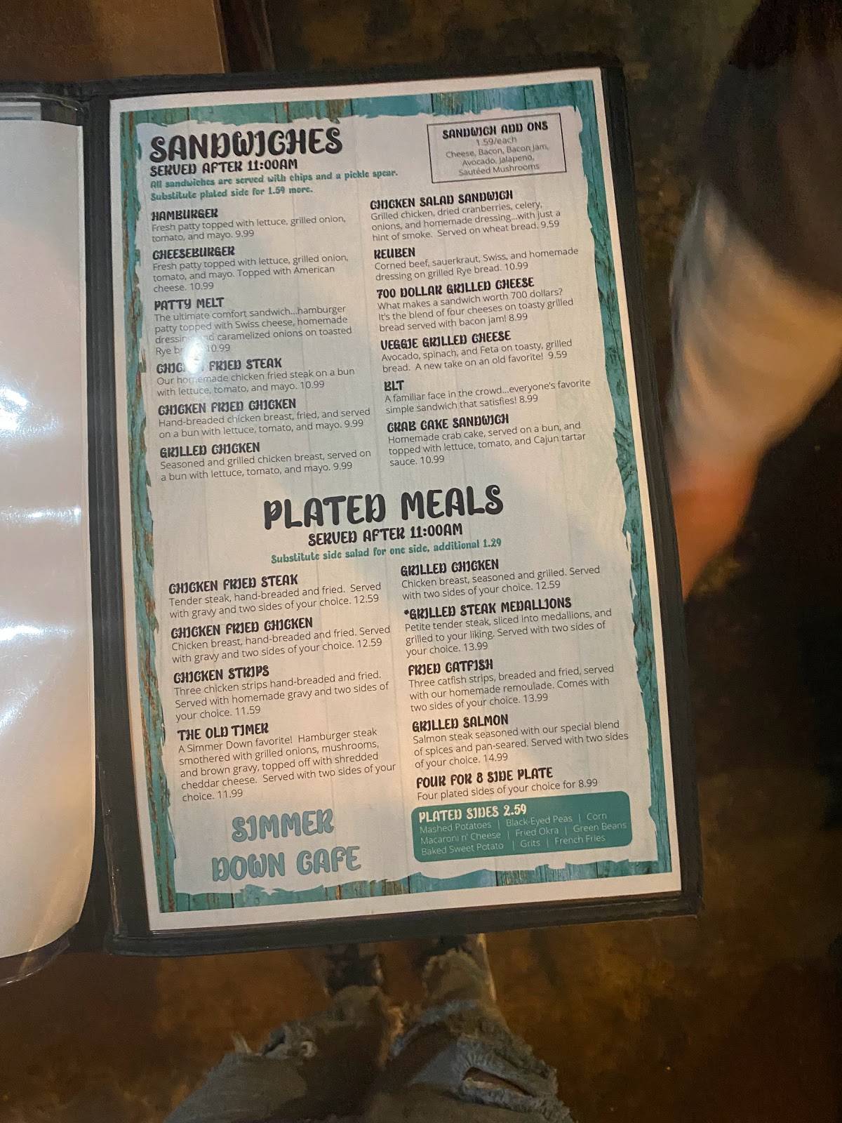 Menu at Simmer Down Cafe, Georgetown