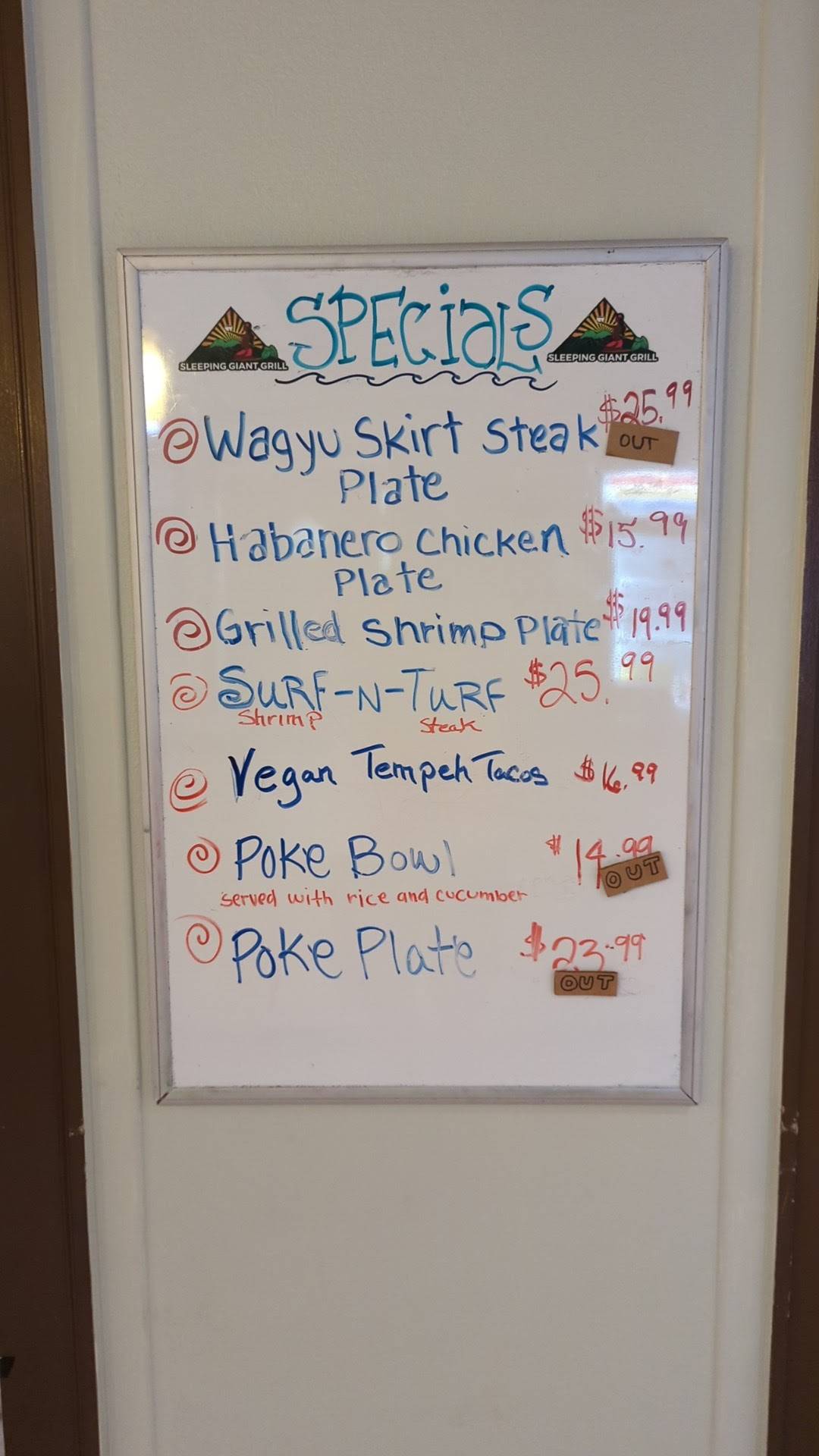 Menu at Sleeping Giant Grill restaurant, Kapaa