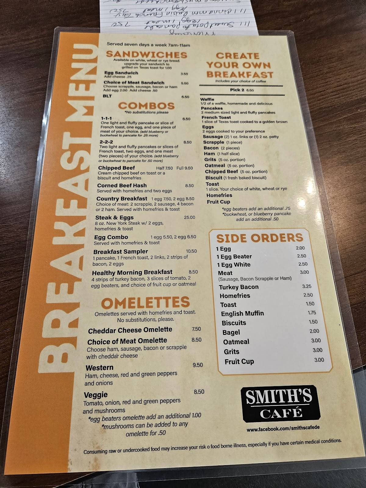 Menu at Smith's Cafe, Seaford