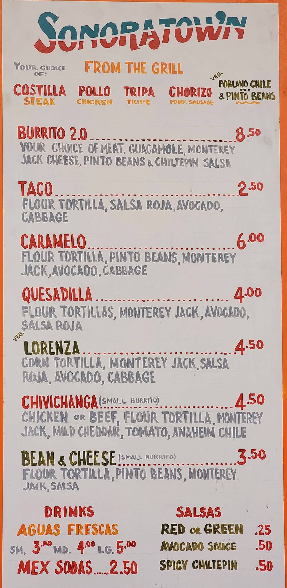 Menu at Sonoratown restaurant, Los Angeles, 208 E 8th St