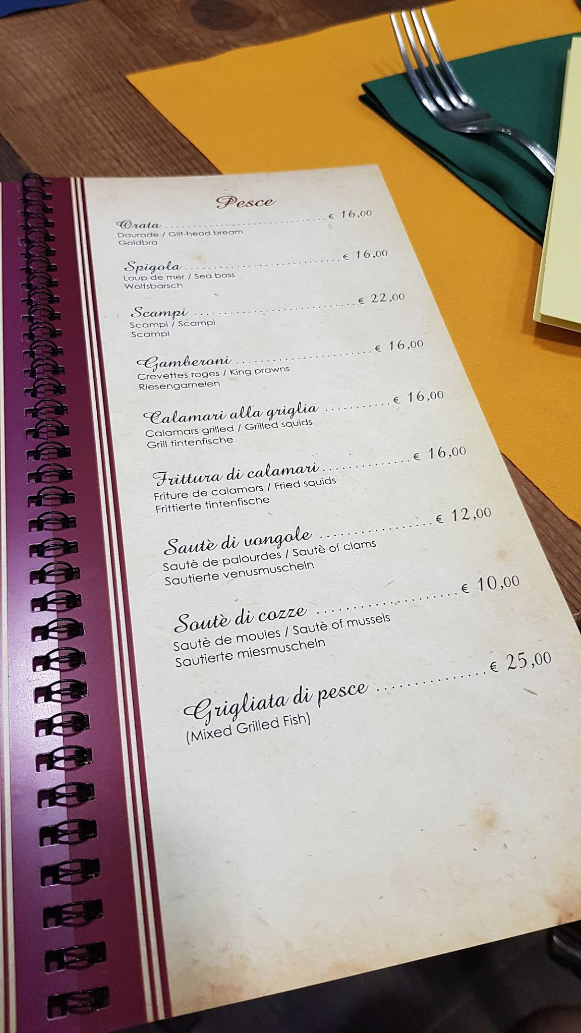 Menu at Sora Lucia restaurant, Rome