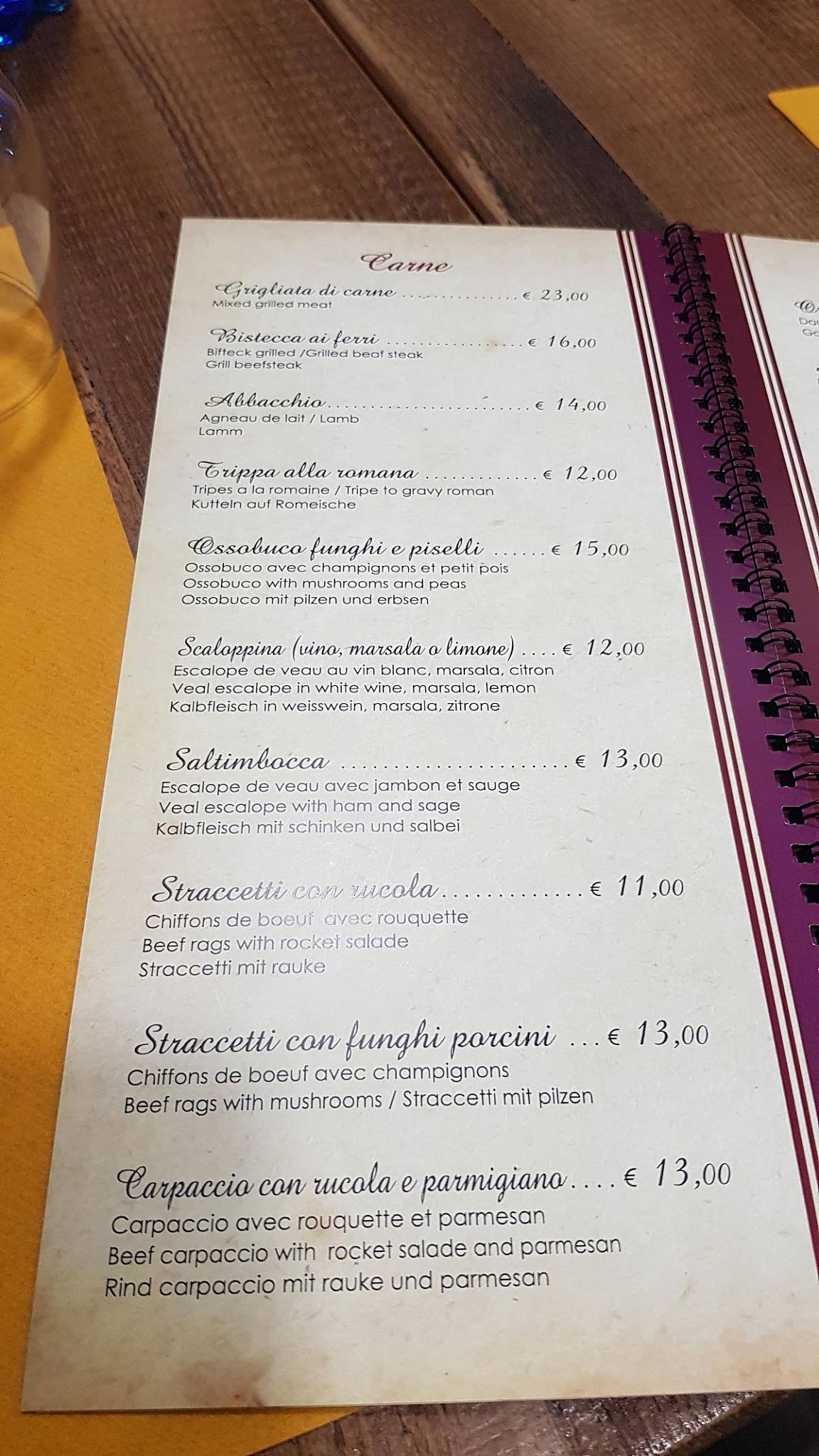 Menu at Sora Lucia restaurant, Rome