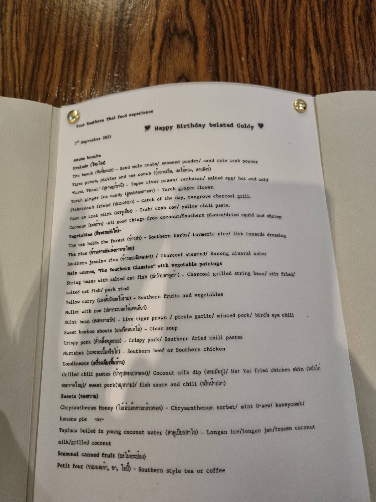 Menu at Sorn restaurant, Bangkok