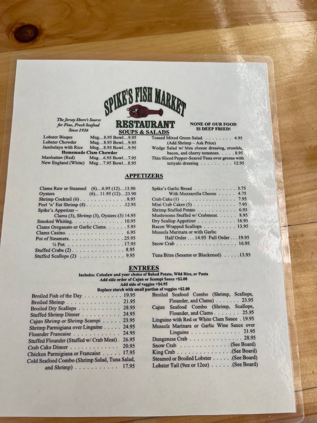 Menu at Spike's Fish Market & Restaurant, Point Pleasant Beach