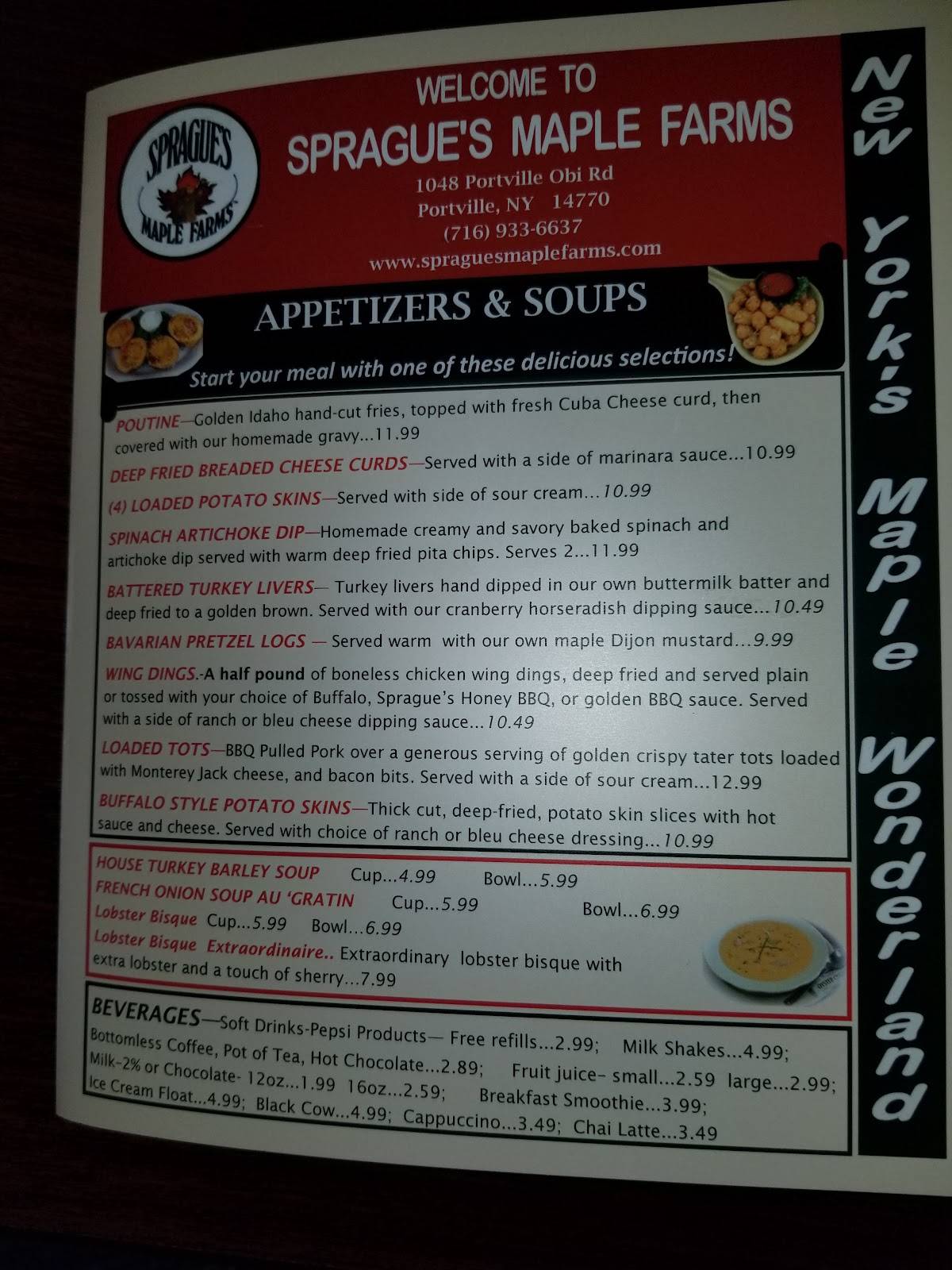 Menu at Sprague's Maple Farms restaurant, Portville