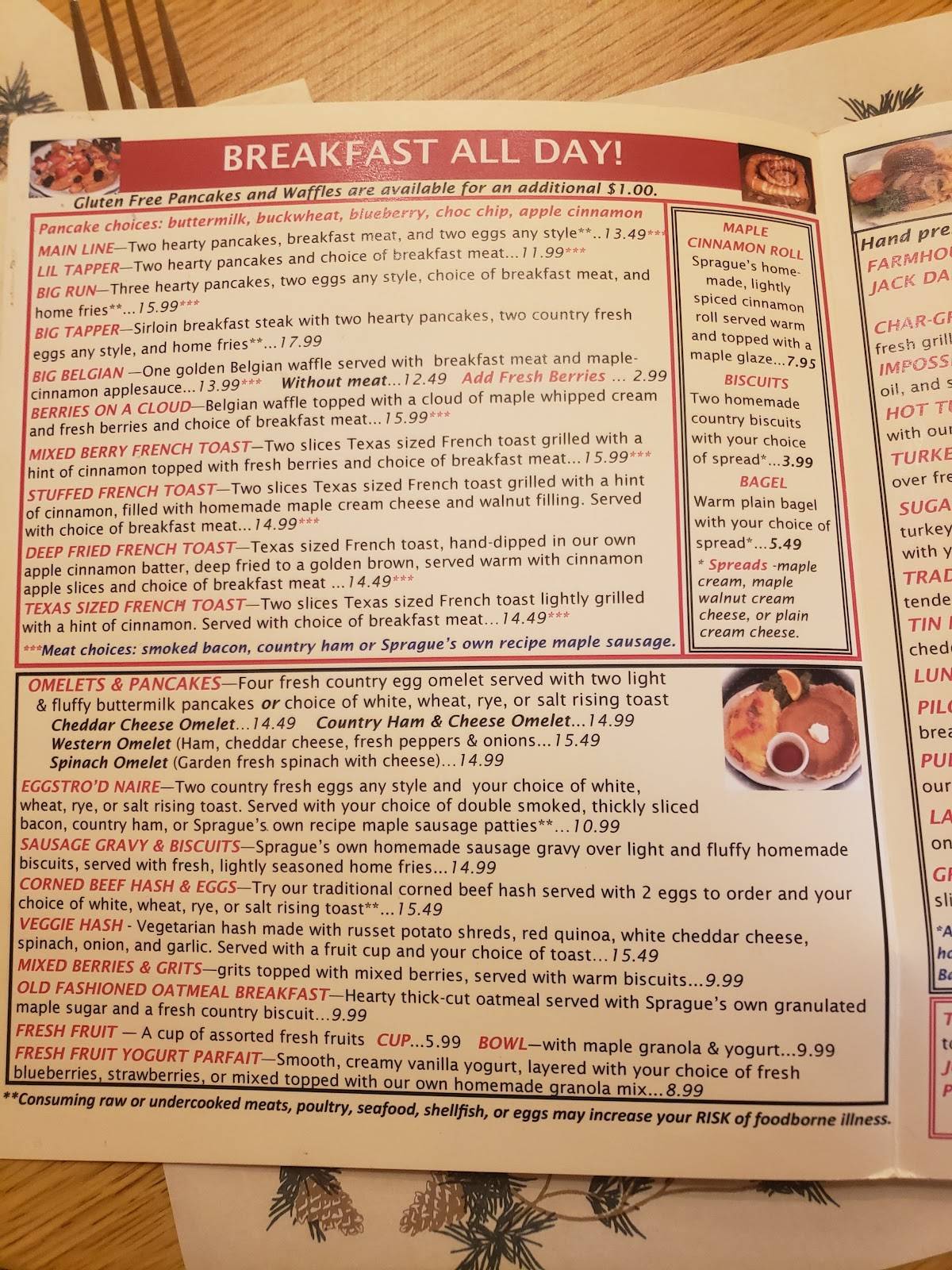 Menu at Sprague's Maple Farms restaurant, Portville