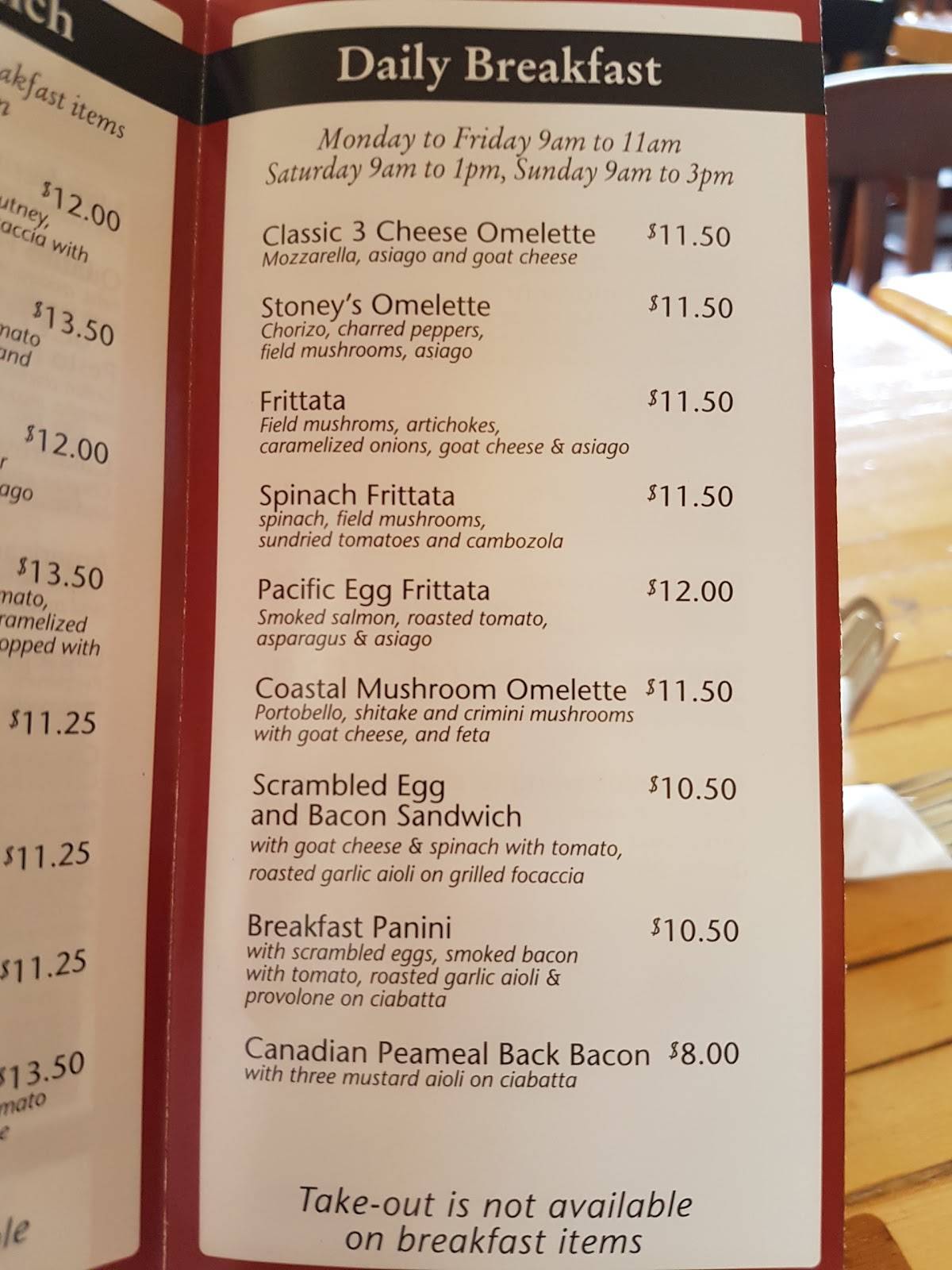 Menu at Stoney's Bread Company restaurant, Oakville, 325 Kerr St