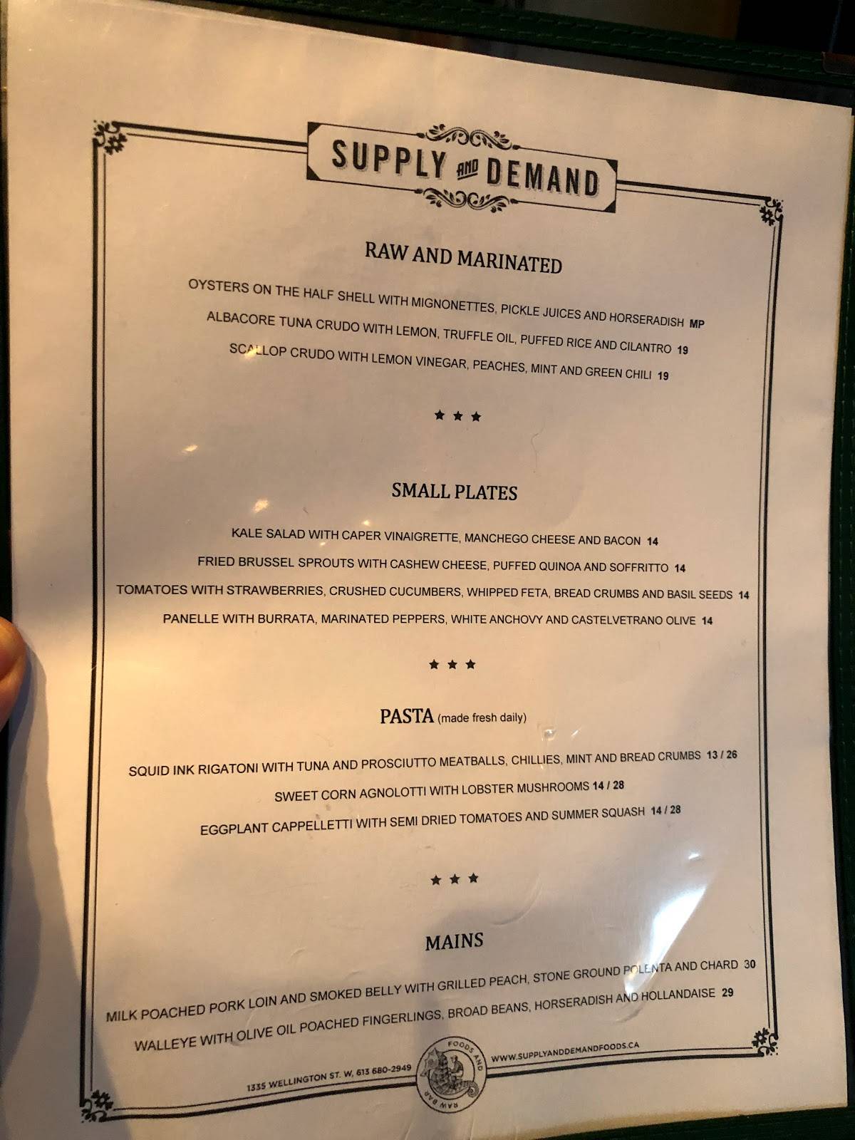 Menu at Supply and Demand restaurant, Ottawa