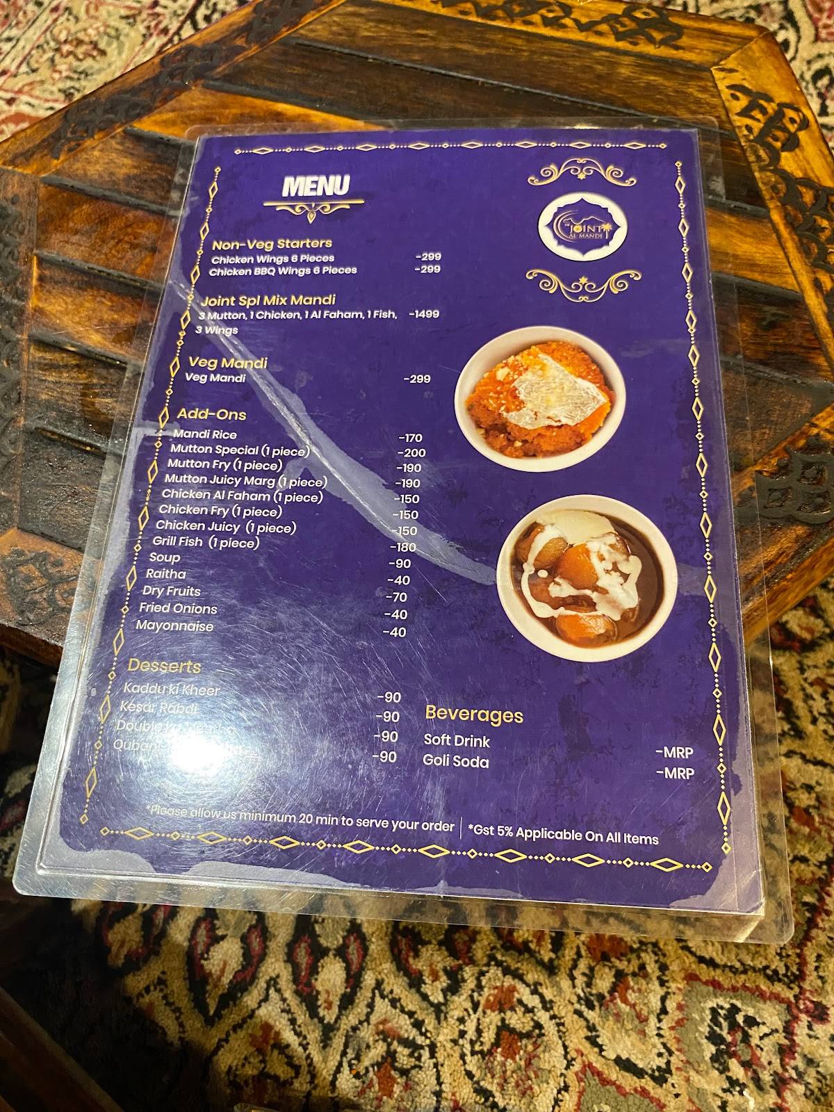 Menu at THE JOINT AL-MANDI, Hyderabad