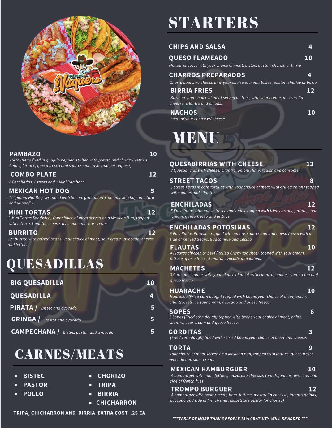 Menu at Tacos El Vaquero Arre Lulu restaurant, Houston