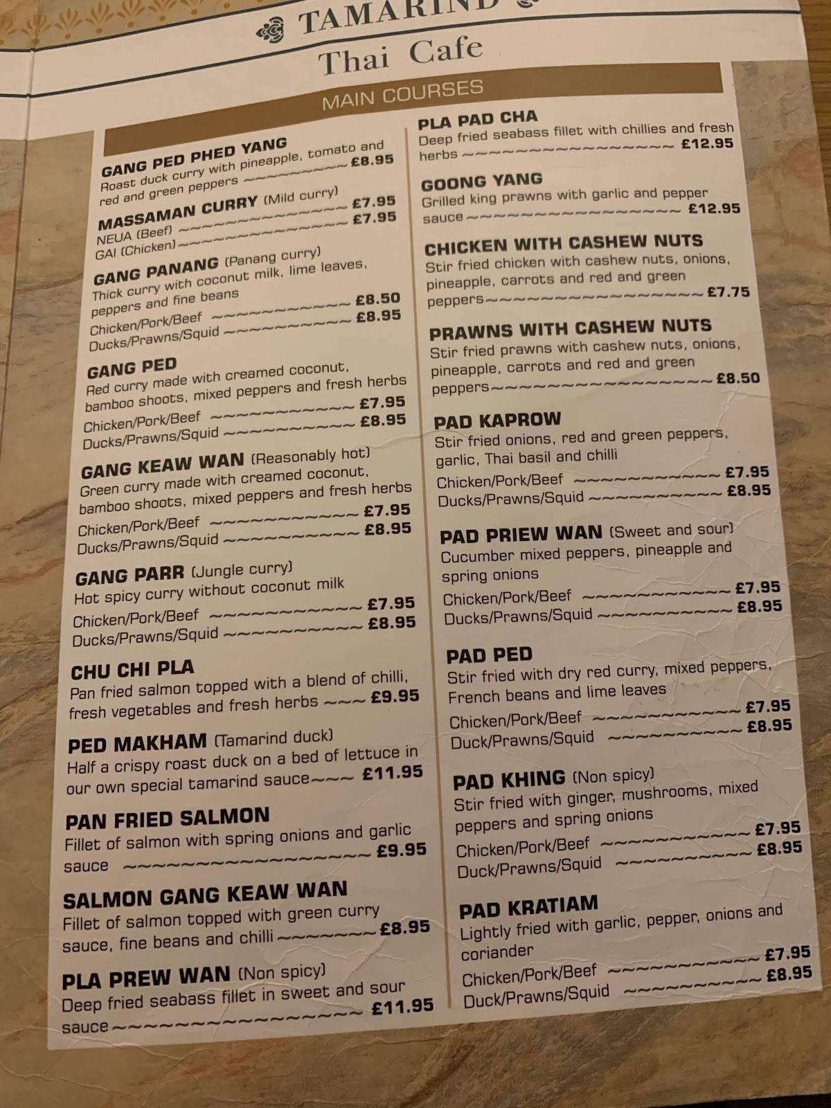 Menu at Tamarind Thai Cafe, Rickmansworth