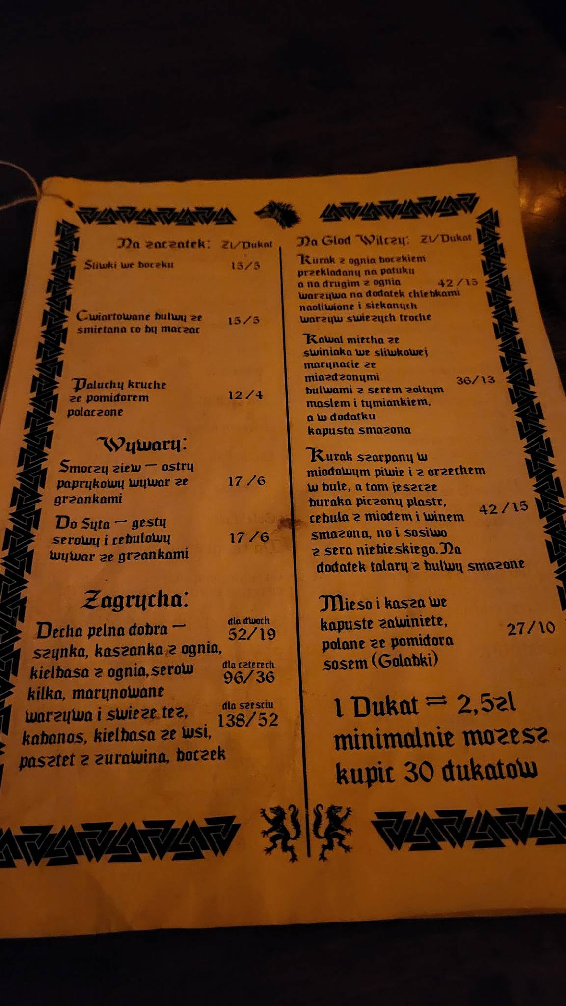 Menu at Tawerna Wilczy Dół restaurant, Kraków
