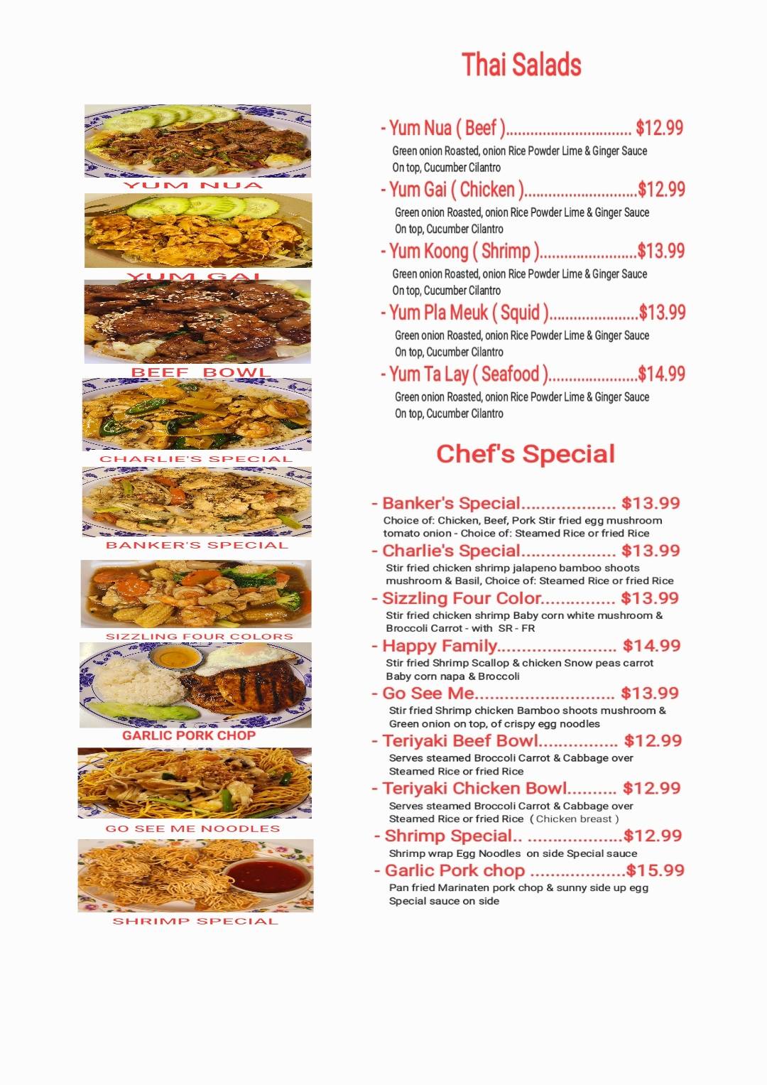 Menu at Thai City restaurant, Portales